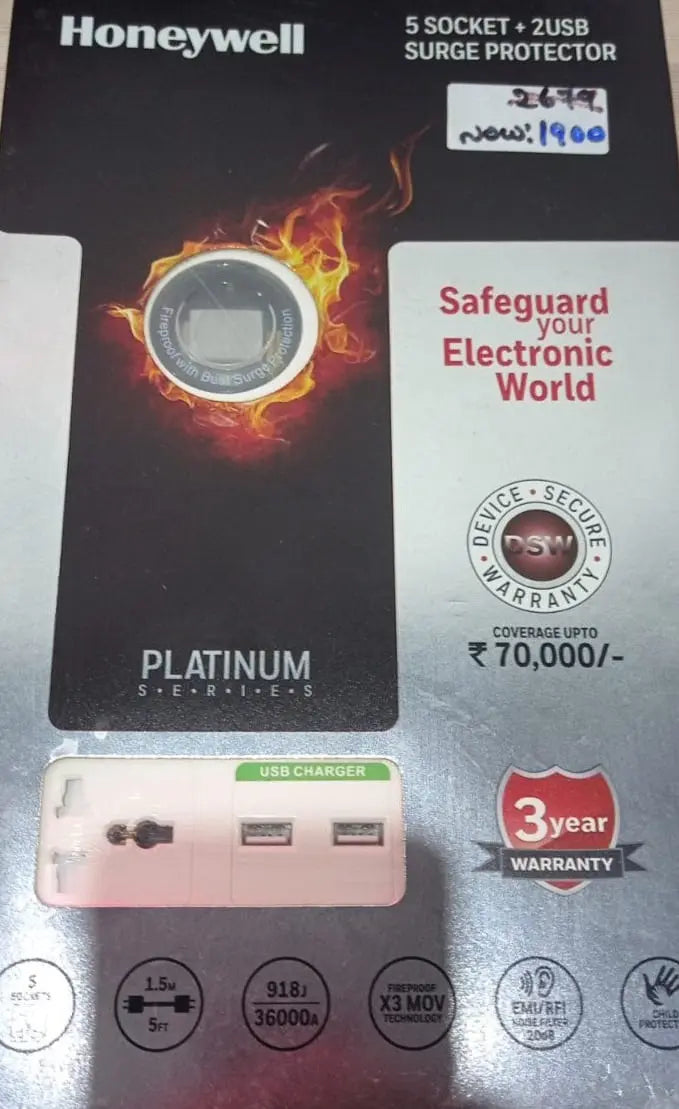 Honeywell 5 Socket +2USB Surge protector — TeckPot