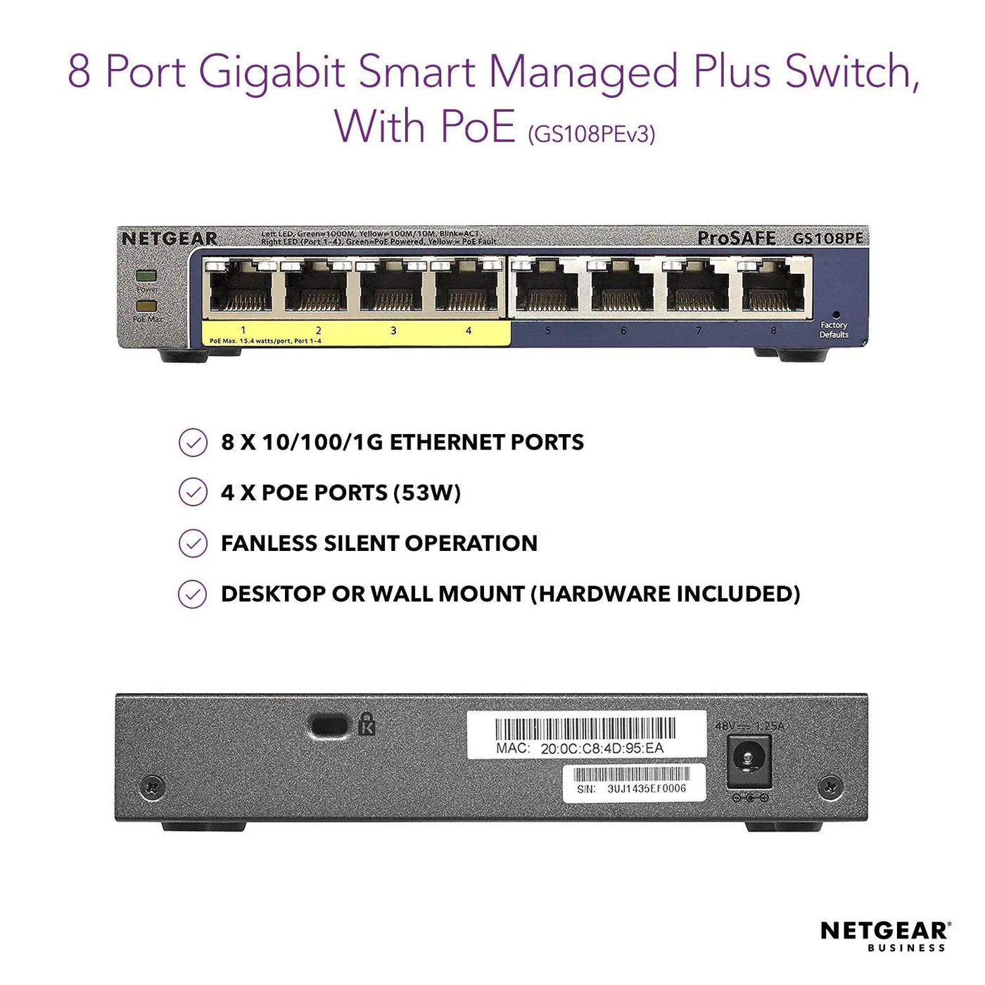 NetGear GS108PE ProSafe Plus Switch 8-Port Gigabit Ethernet Switch wit ...